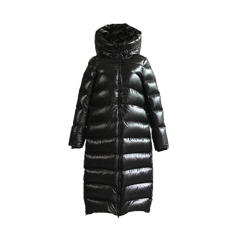 Black shiny hooded long puffer jacket