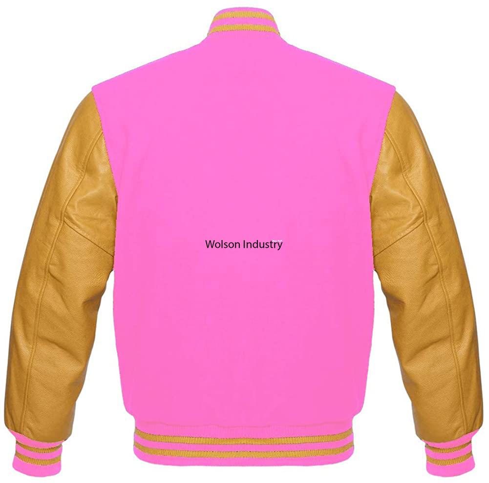 Gold genuine leather letterman baseball varsity jacket