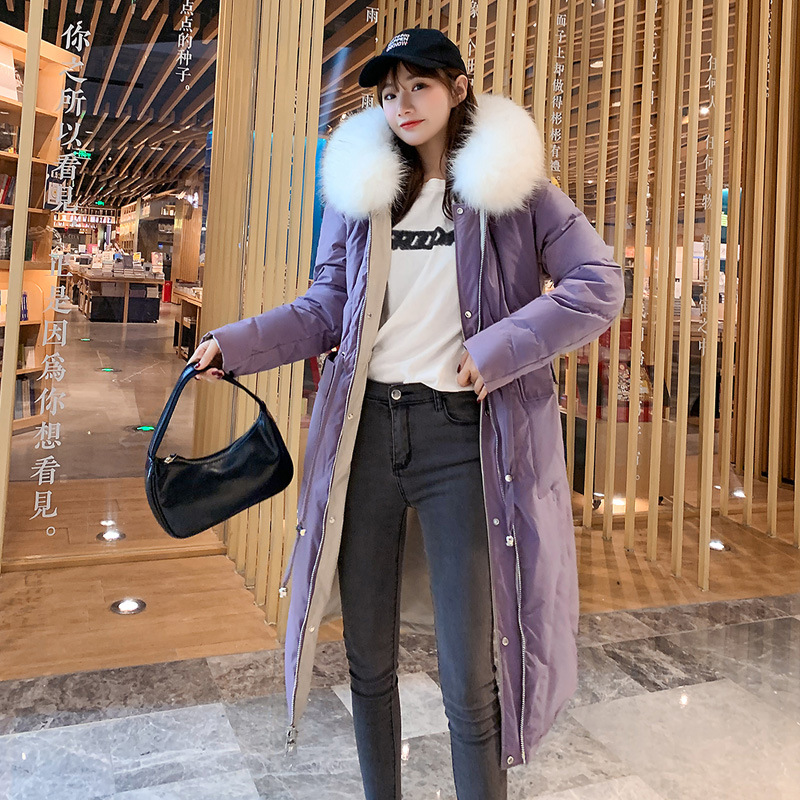 Long puffer jacket with fur collar on both sides