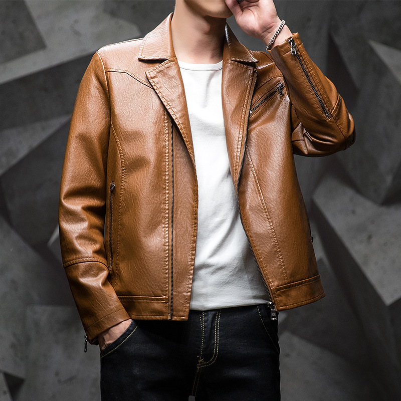 Trendy men’s solid color leather jacket