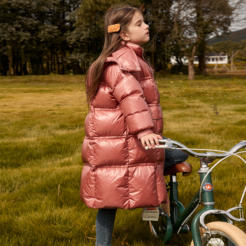 Hooded long girls down feather padded jacket